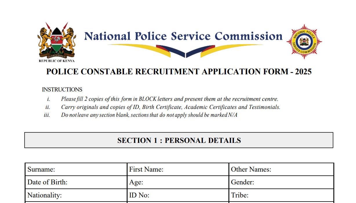Application Form for Kenya Police Recruitment 2025 PDF (10,000 Constables)