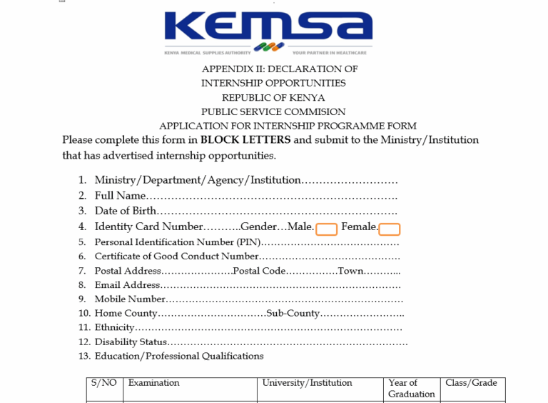 KEMSA Internship Industrial Attachment 2025/2026 Application Form Portal